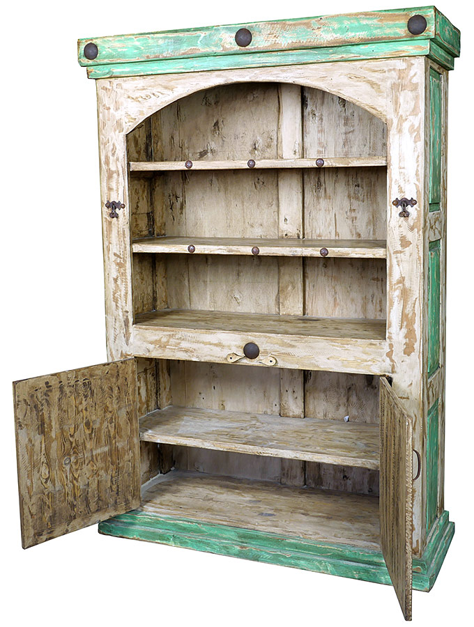White Green Distressed Paint Wood Bookcase Cabinet