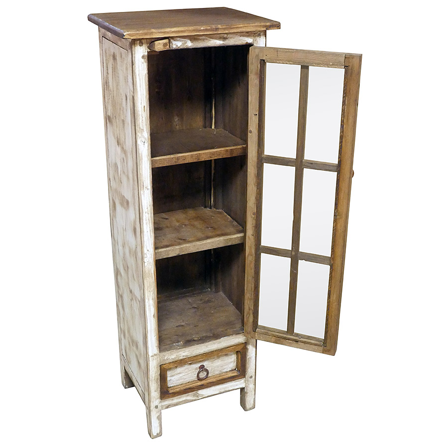 White Washed Rustic Wood Narrow Cabinet with Glass Doors