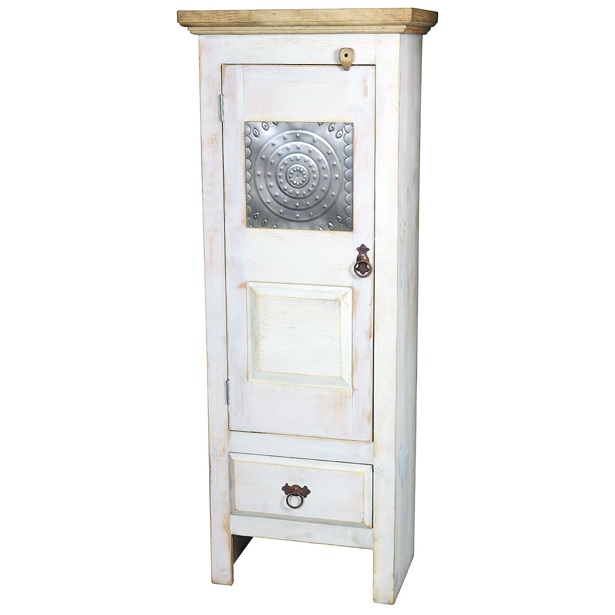 White Painted Wood Narrow Cabinet with Tin Panel