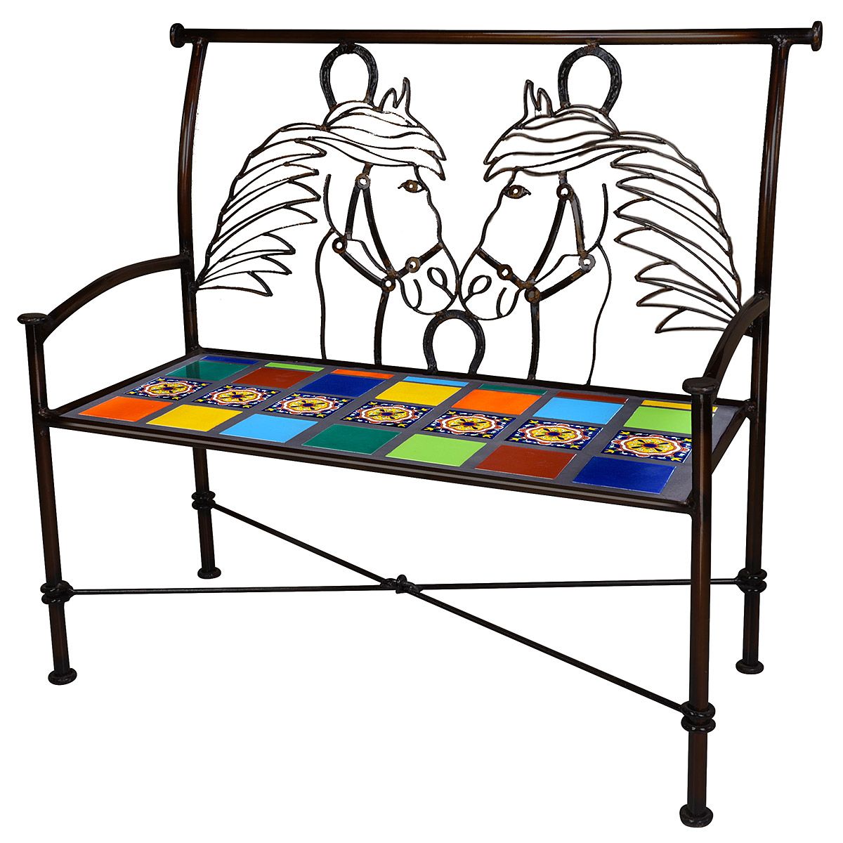 Mexican Wrought Iron & Talavera Tile Bench with Horses