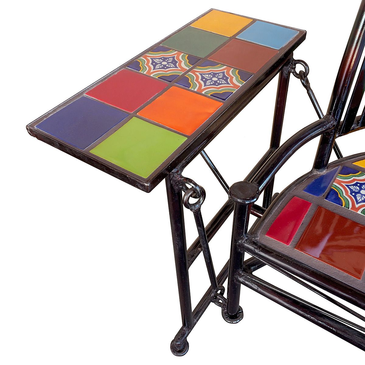 Wrought Iron Curved Back Rocking Bench with Talavera Tile & Side Table