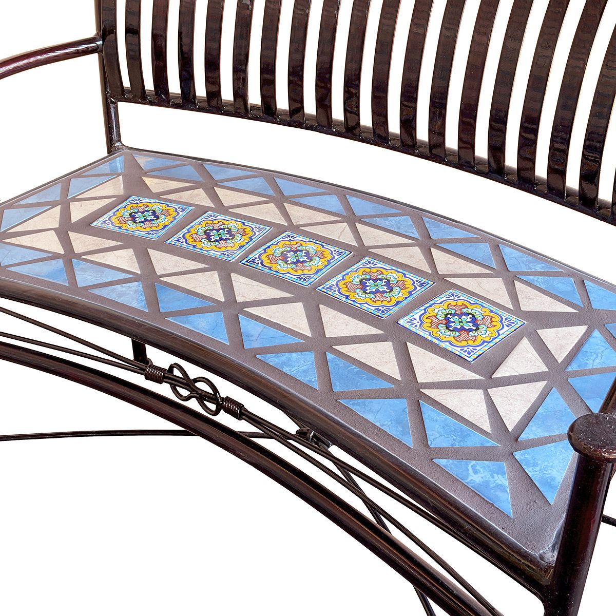 Wrought Iron Curved Patio Bench with Talavera Tile Seat