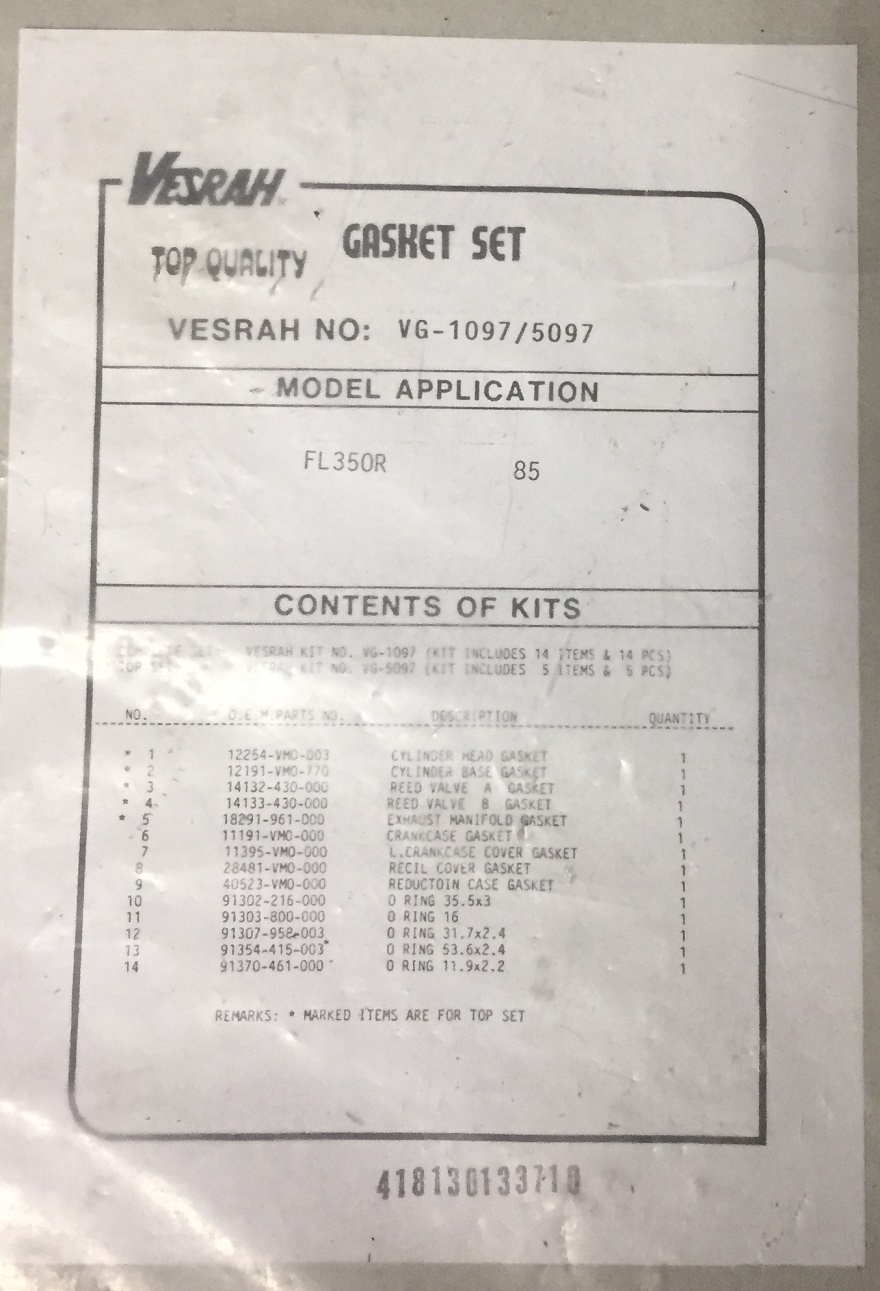 @ VESRAH COMPLETE FL350R 1985 GASKET SET 1/17P (1004N-VG1097)