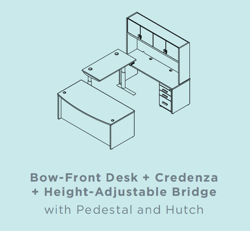 Edge Bow-Front Desk Office Furniture Bundle with Height-Adjustable Desk ...