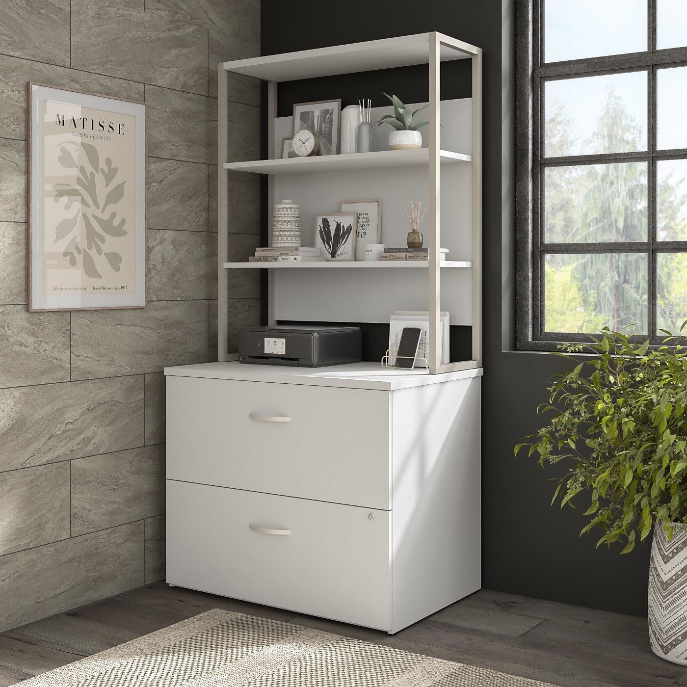 White lateral file cabinet with hutch store