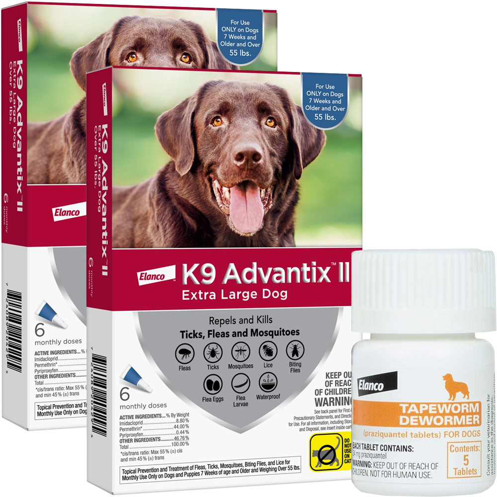 12 MONTH K9 Advantix II BLUE for Extra Large Dogs (over 55 lbs) + Tapeworm Dewormer for Dogs (5 ...