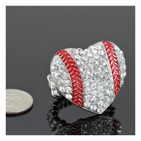 Large Baseball Crystal Heart Stretchy Ring