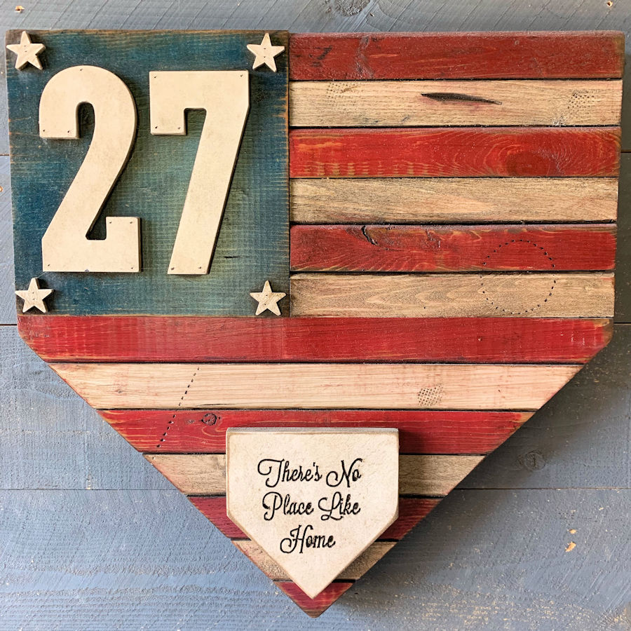 Personalized Baseball Number USA Flag Home Plate Shaped Rustic Sign