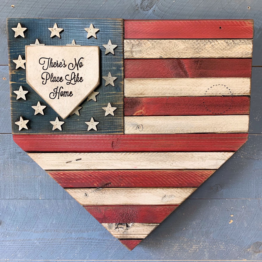 Personalized Baseball USA Flag Home Plate Shaped Rustic Sign