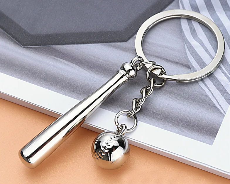 Silver Baseball and Bat Key Ring