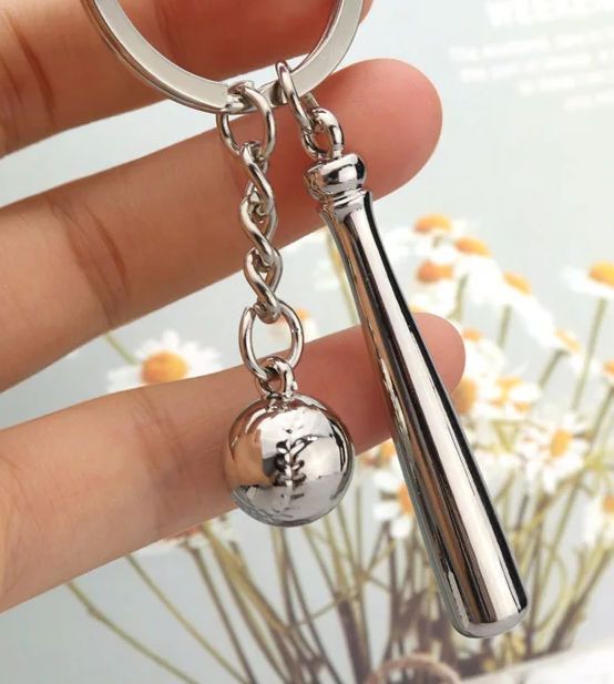 Silver Baseball and Bat Key Ring