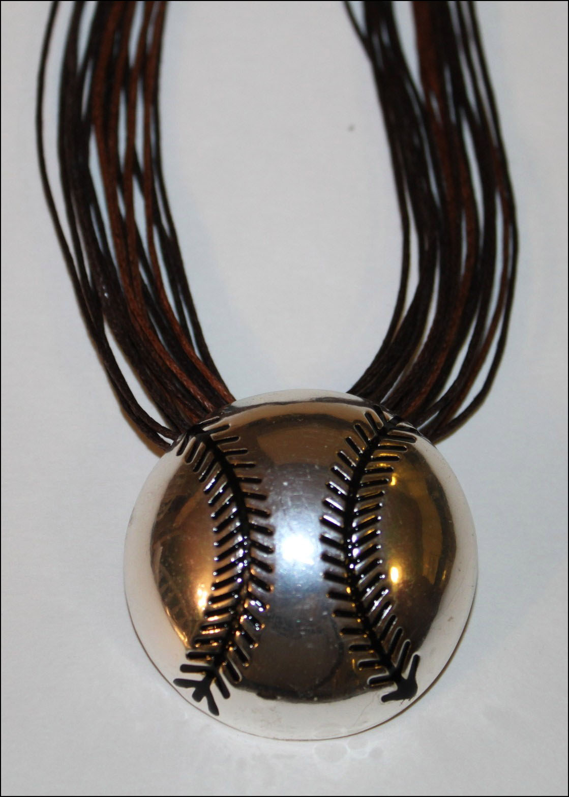 Silver Baseball Clip-on Pendant with Brown Multistrand Necklace