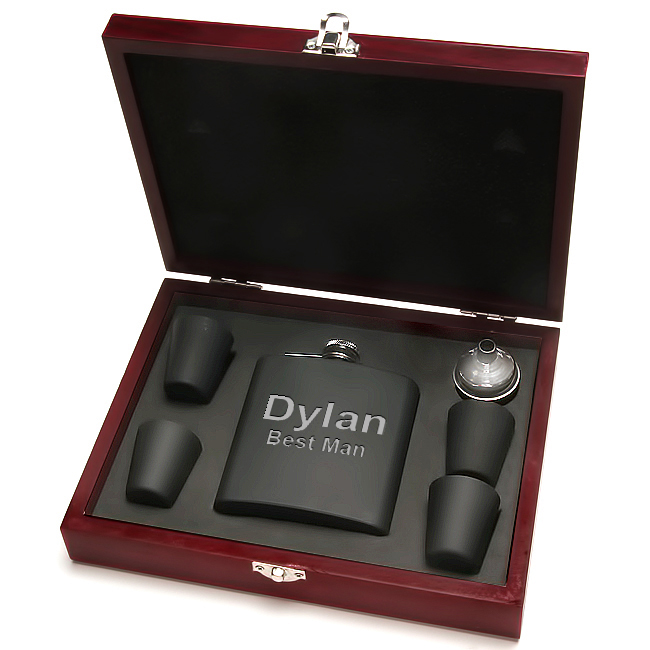 6 Ounce Black Flask Set with Wooden Box - Executive Gift Shoppe