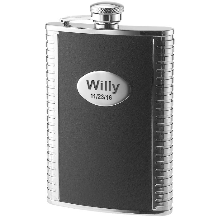 8 Ounce Monogrammed Black Leather & Steel Flask - Executive Gift Shoppe