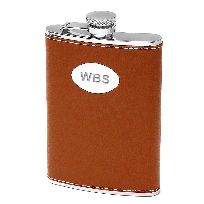 8 ounce Brown Leather Engraved Flask - Executive Gift Shoppe