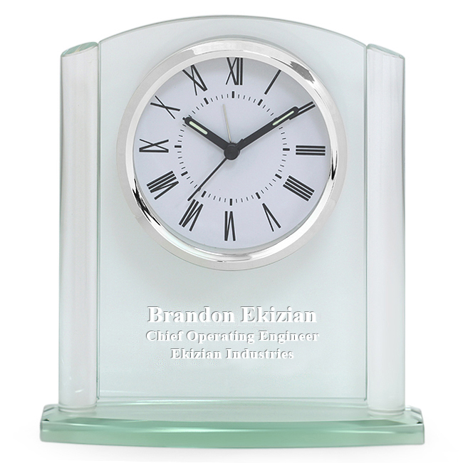 Arched Glass Personalized Desk Clock with Silver Finish Base