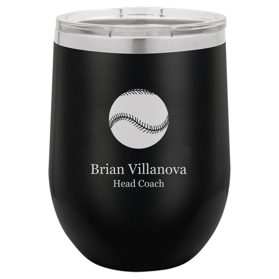 Baseball Themed 12 Ounce Black Personalized Stemless Wine Glass