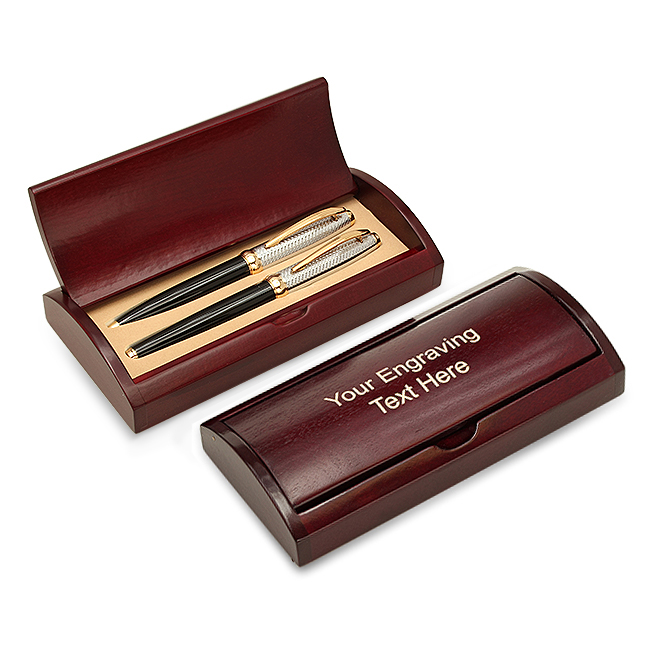 Personalized Black & Gold Dual Pen Set With Cherry Finished Box