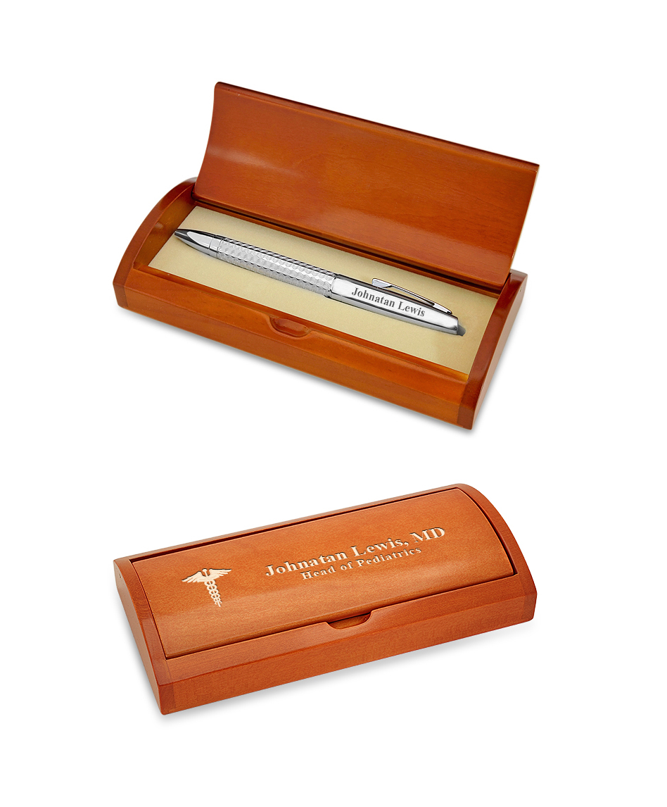 Diamond Cut Personalized Ballpoint Pen with Wood Box for Doctors