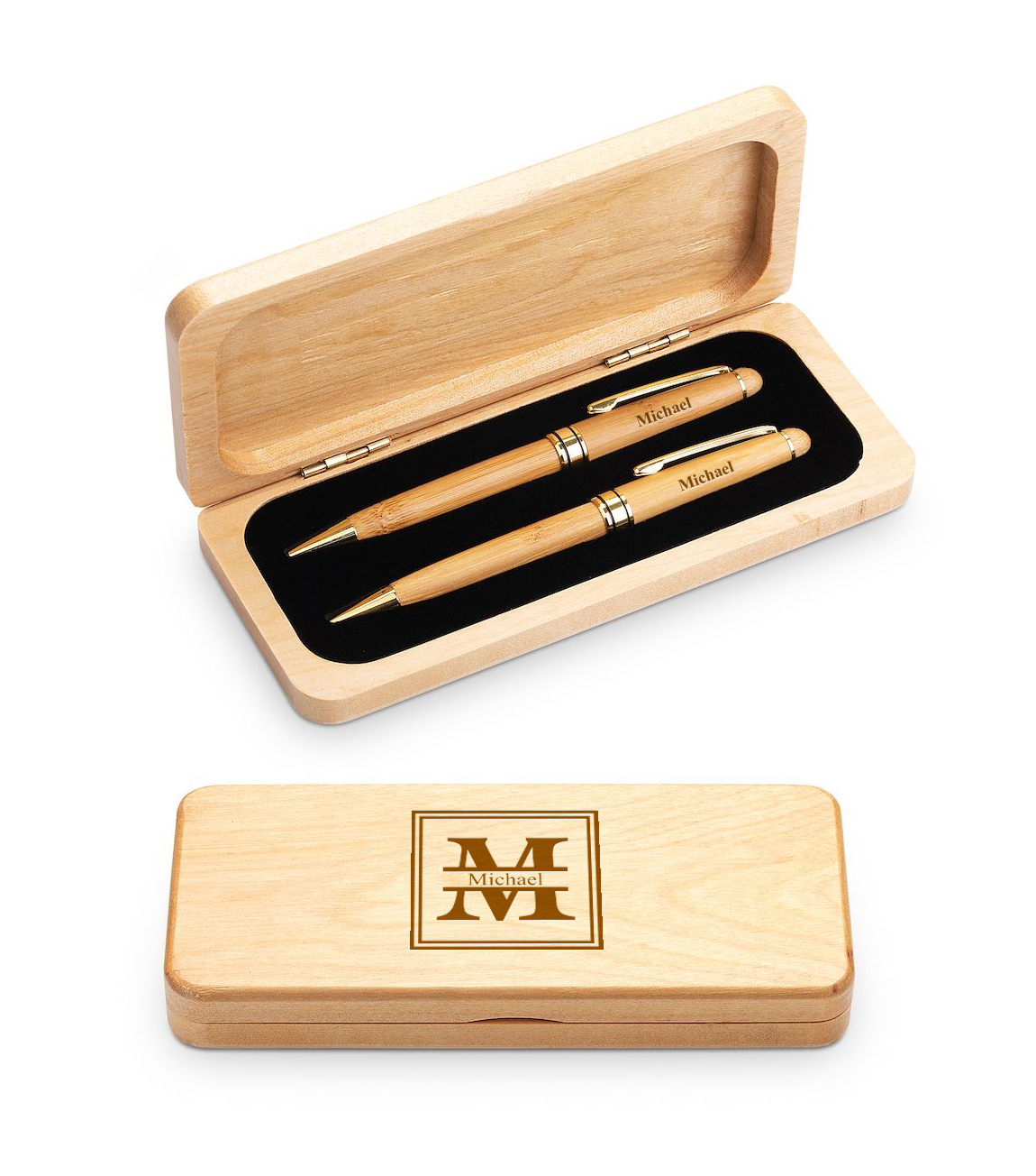 Elegance Collection Split Monogram Maple Wood Personalized Pen & Pencil Set