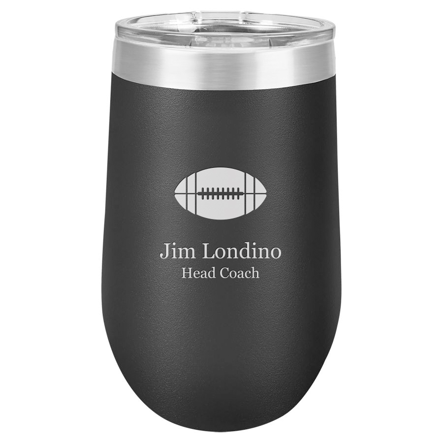 Football Themed 16 Ounce Black Personalized Stemless Wine Glass