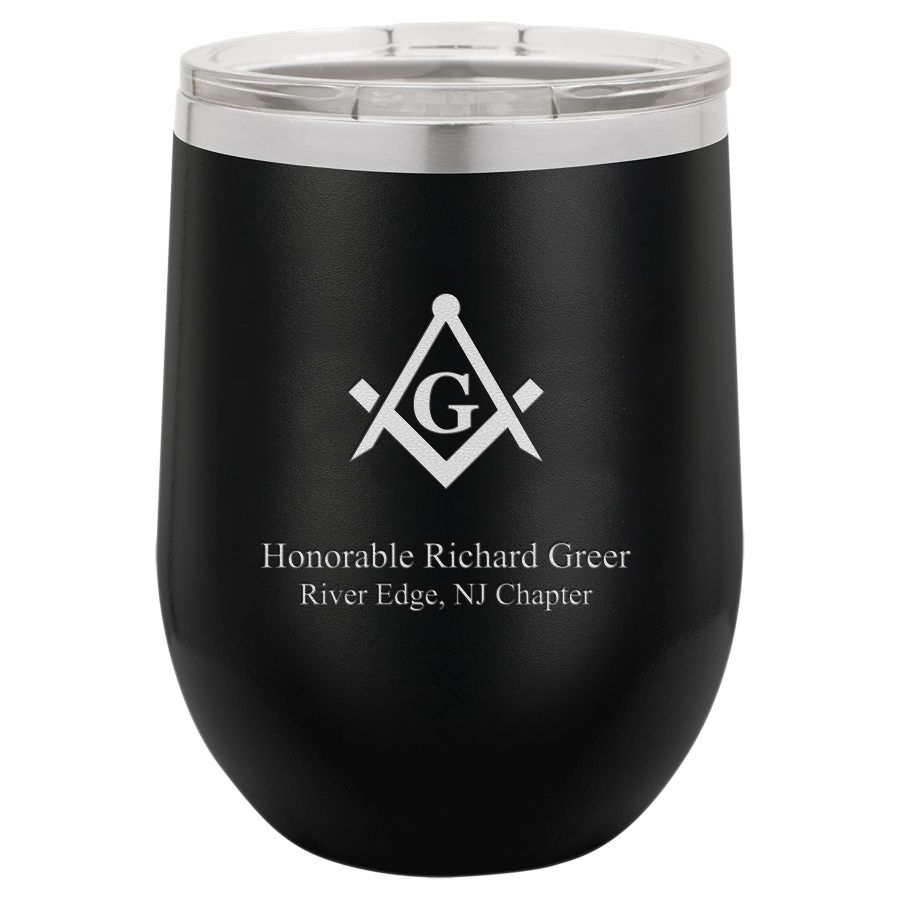 Masonic Emblem 12 Ounce Black Insulated Stemless Wine Glass