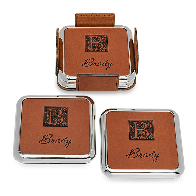 Monogrammed Rawhide And Silver Square Coaster Set - Executive Gift Shoppe