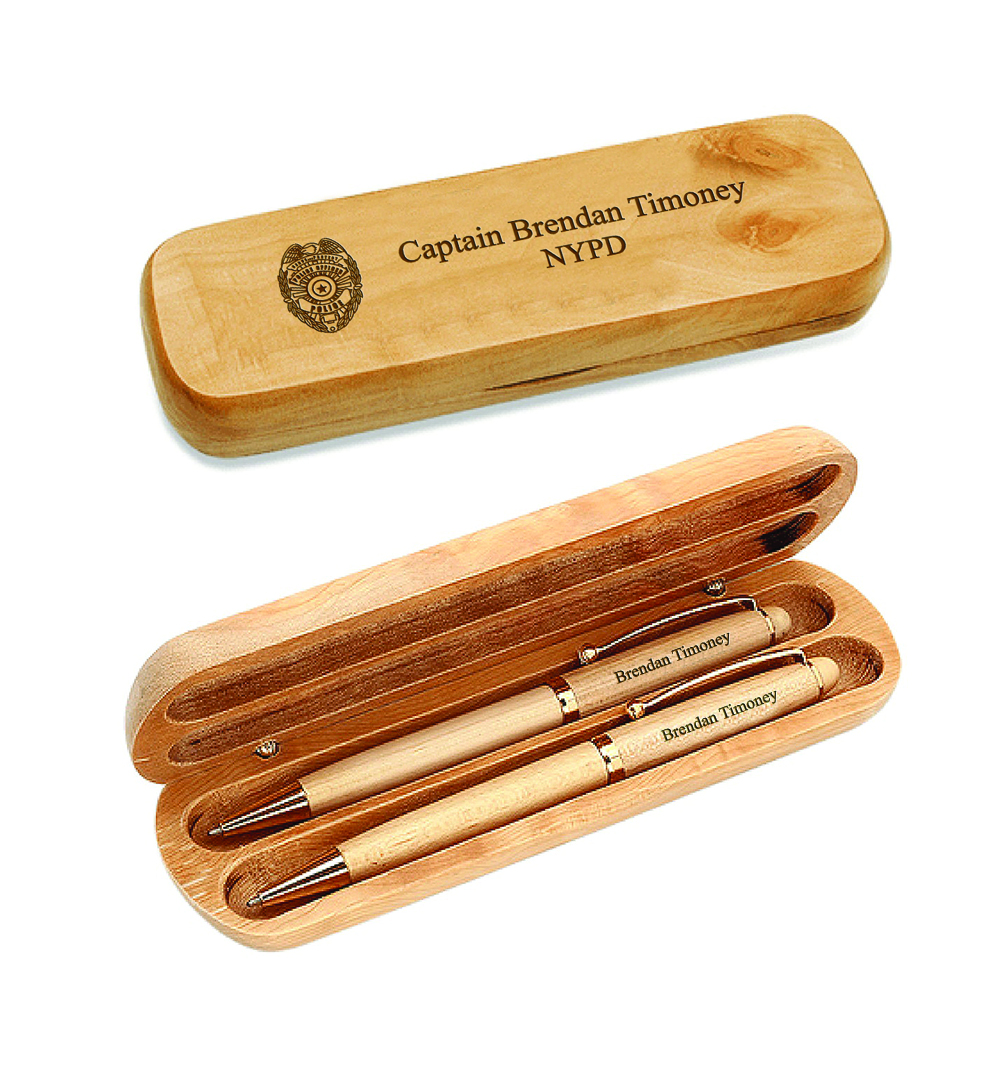 Police Officer's Shield Laser Engraved Maple Wood Double Pen and Box Set