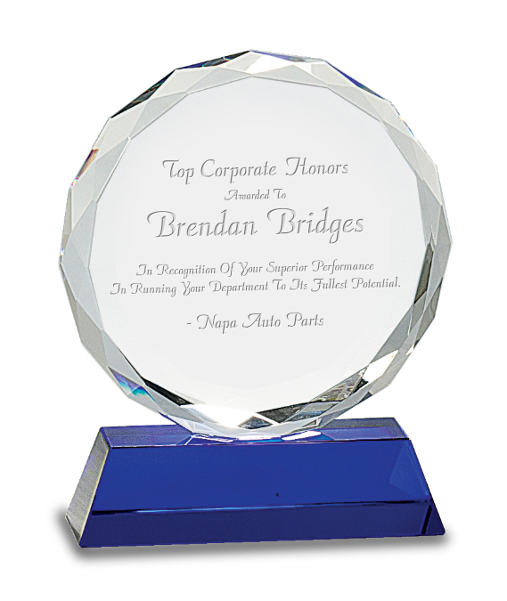Premier Personalized Round Crystal Award On Blue Crystal Base ...