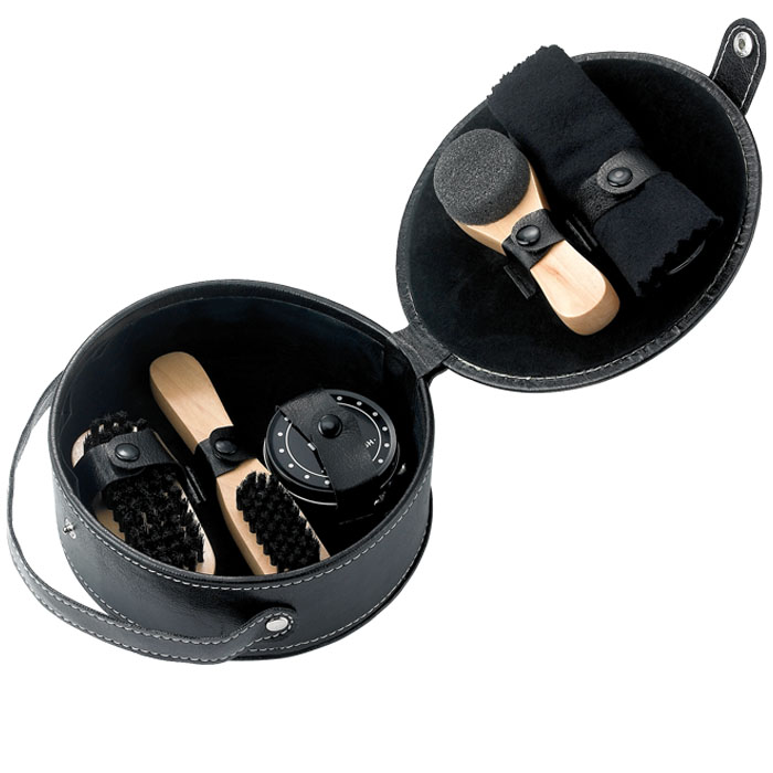 Round Black Faux Leather 5 Piece Shoe Shine Set - Executive Gift Shoppe