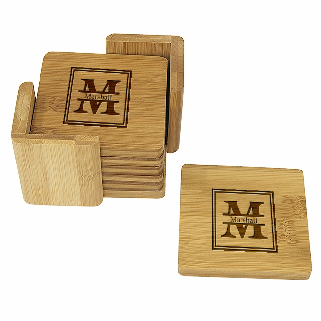 Split Monogram Square Bamboo Coaster Set - Executive Gift Shoppe