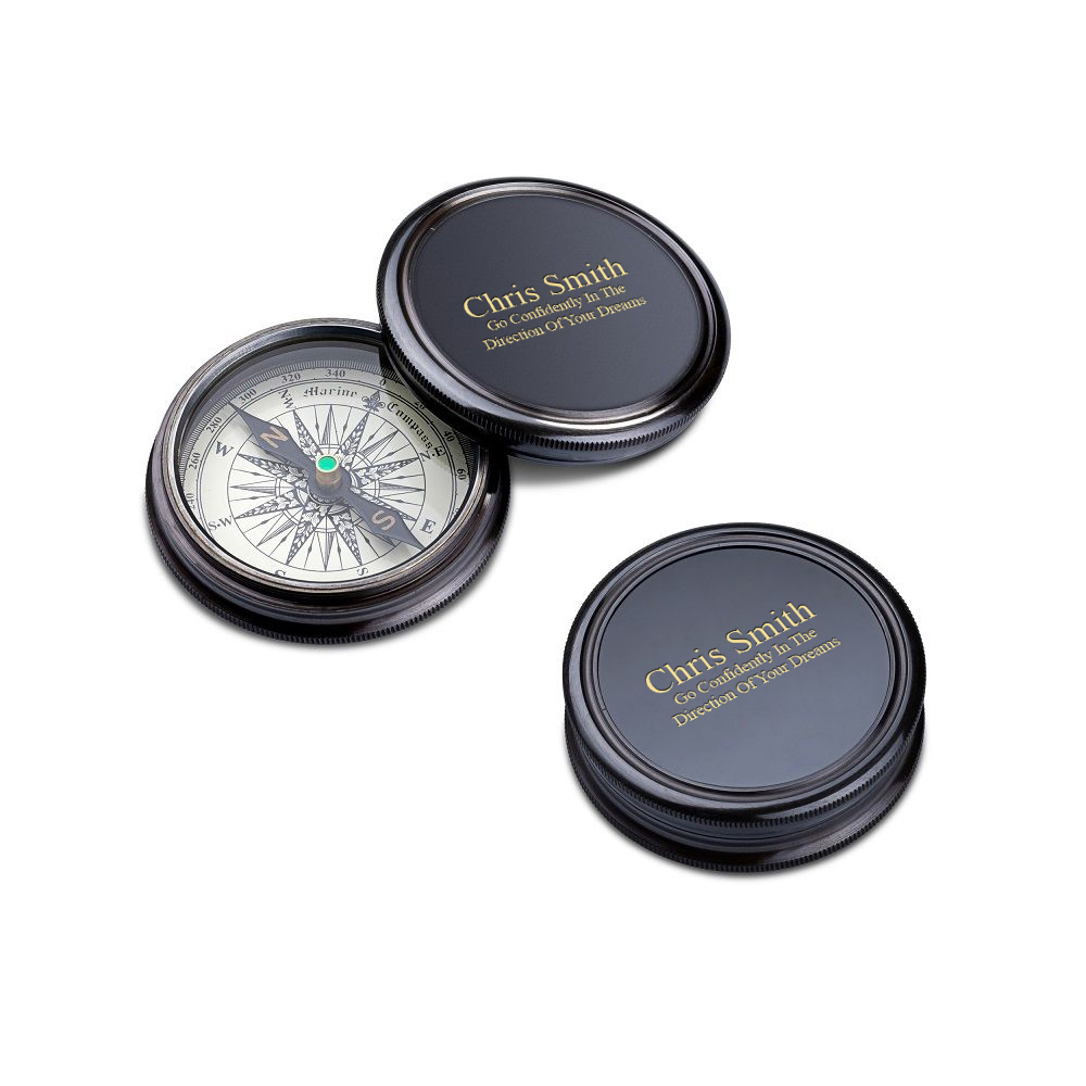 Two Piece Custom Engraved Brass Working Compass with Screw On Lid
