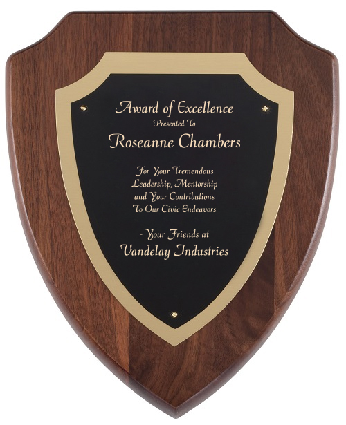 Walnut Shield Plaque With Black & Gold Engraving Plate - Executive Gift ...