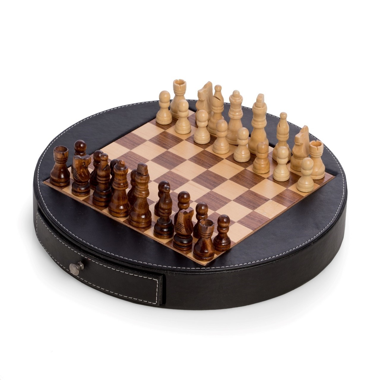 Wood & Leather Round Chess Set - Executive Gift Shoppe
