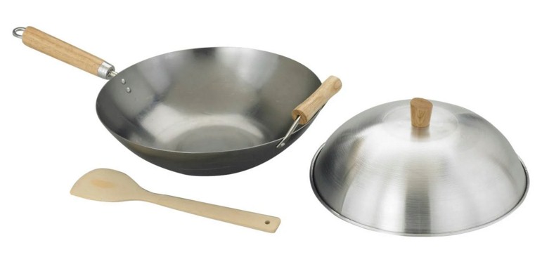 Helen's Asian Kitchen 4 Piece 14" Carbon Steel Wok Set with Lid