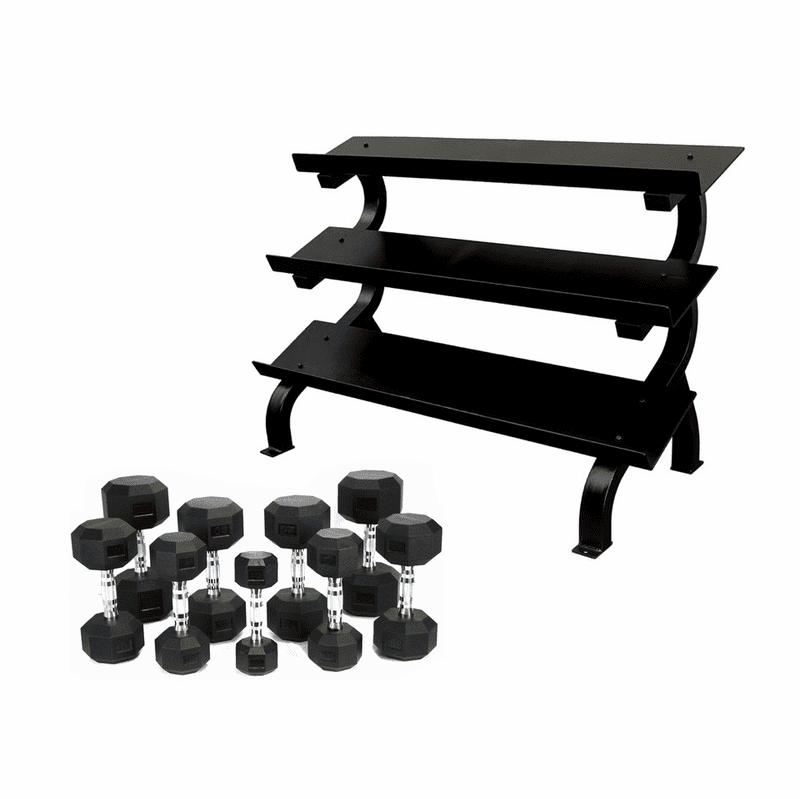 Rubber Coated Hex Dumbbell Set 5-75lb W/Rack