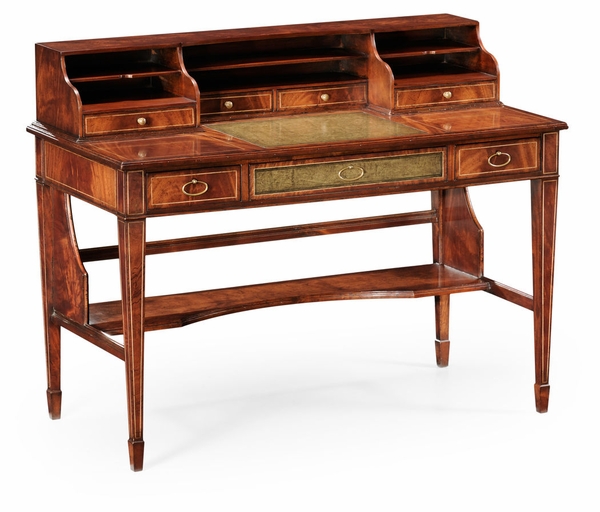 Clerk s style mahogany desk with green inset leather writing surface and an arrangement of drawers and shelves to the raised rear panel. Three drawers
