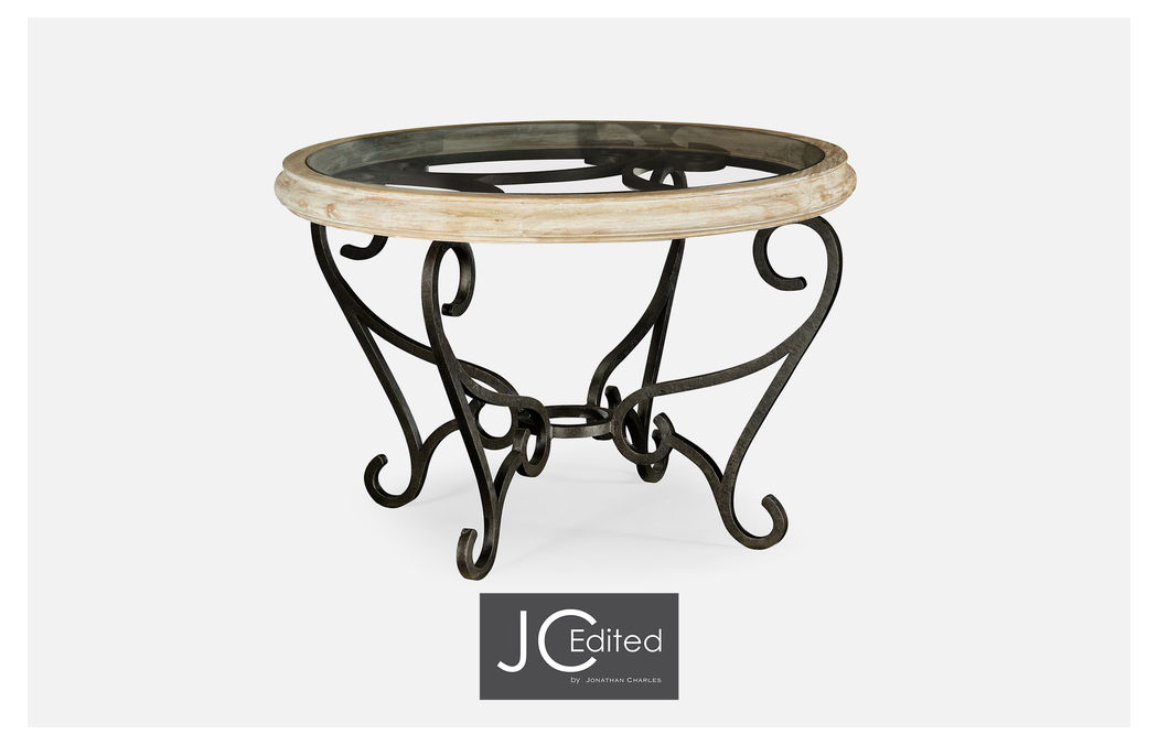 495192 LMA JC Edited Artisan Limed Wood And Glass Top Centre Table With Wrought Iron Base