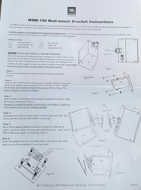 JBL WALL MOUNT BRACKET FOR AC895, AC195, AC266, AC299, AC566, AC599 ...