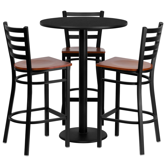 30 Round Black Table Set with 3 Cherry Wood Seat Metal Bar Stools MD 0013 GG