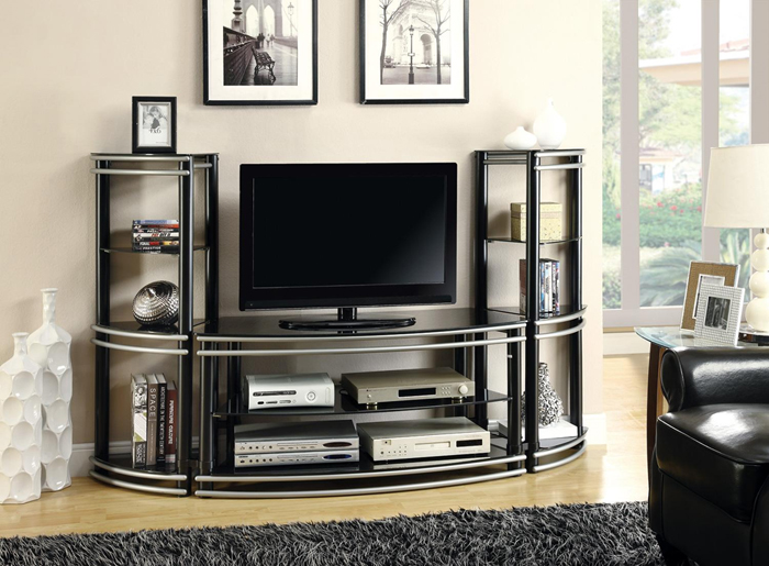 Coaster Demilune Black Silver Finish TV Stand 2 Media Towers 700722 Coaster Furniture