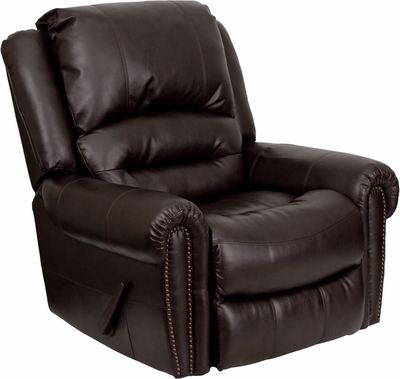 Plush Brown Overstuffed Leather Rocker Recliner - Brass Nailhead ...