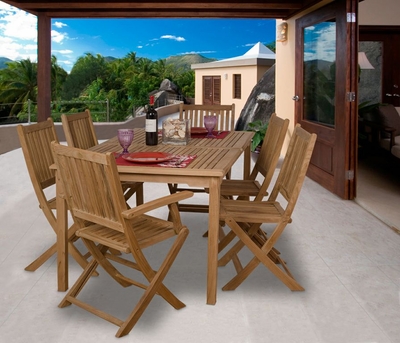 Rotterdam 7 Pc Teak Dining Set Rectangular Table with 4 Folding Side Chairs & 2 Folding Arm ...