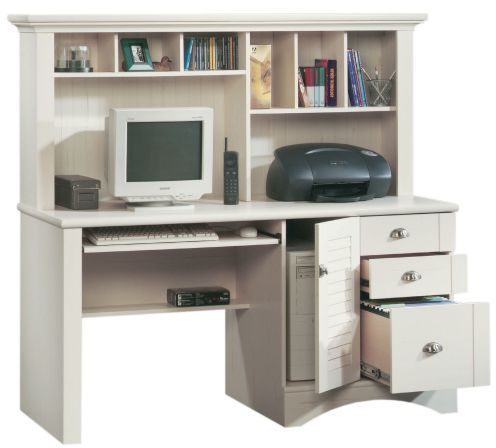 Sauder Harbor View Computer Desk with Hutch Antiqued White 158034 Sauder Furniture