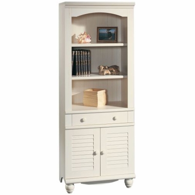 Sauder Harbor View Library Bookcase with Doors Antiqued White - 158082 ...