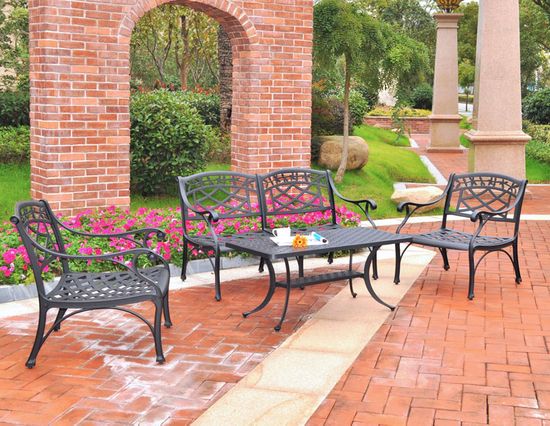 Sedona 4 Piece Aluminum Outdoor Conversation Set Black Loveseat 2 Club Chairs Cocktail Table KO60001BK Crosley Radio
