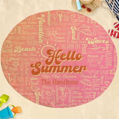 Personalized Hello Summer Groovy Round Beach Towel|Summer Gifts