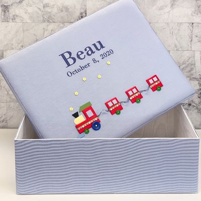 Personalized Train Micro Stripe Cotton Large Baby Keepsake Box