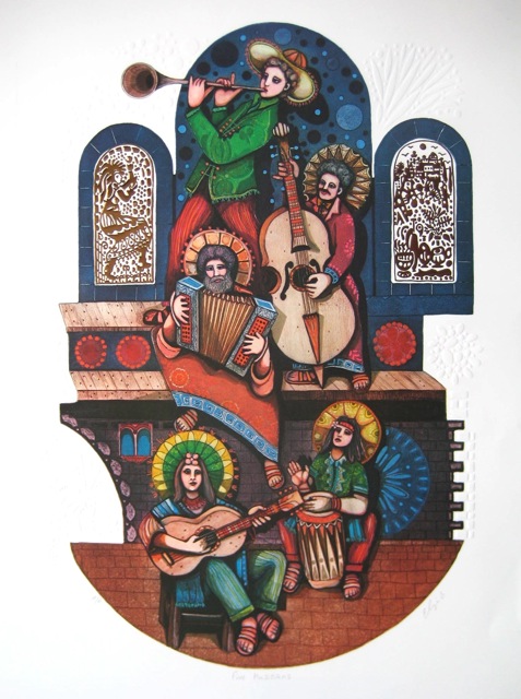 Amram Ebgi Hand Signed Foil Embossed Lithograph:"5 Musicians" - Amram Ebgi