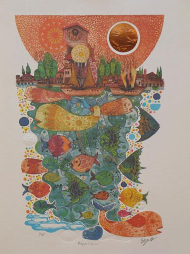 Amram Ebgi Limited Edition Hand Colored Etching: "Aquarium" - Amram Ebgi
